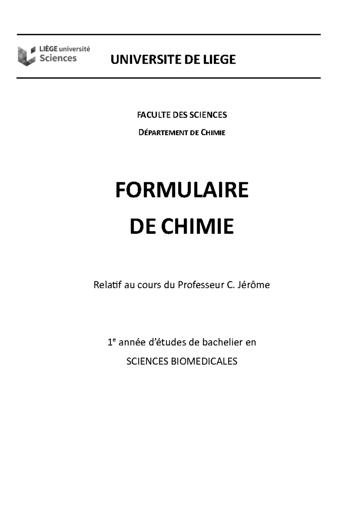 Formulaire chimie SBIM - UNIVERSITE DE LIEGE FACULTE DES SCIENCES DÉPARTEMENT DE CHIMIE ...