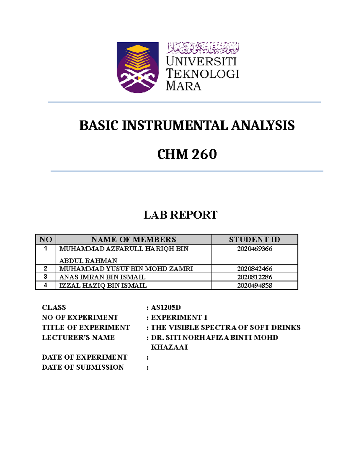 Chm 260 Exp 1 Visible Lab Report Chm Basic Instrumental Analysis