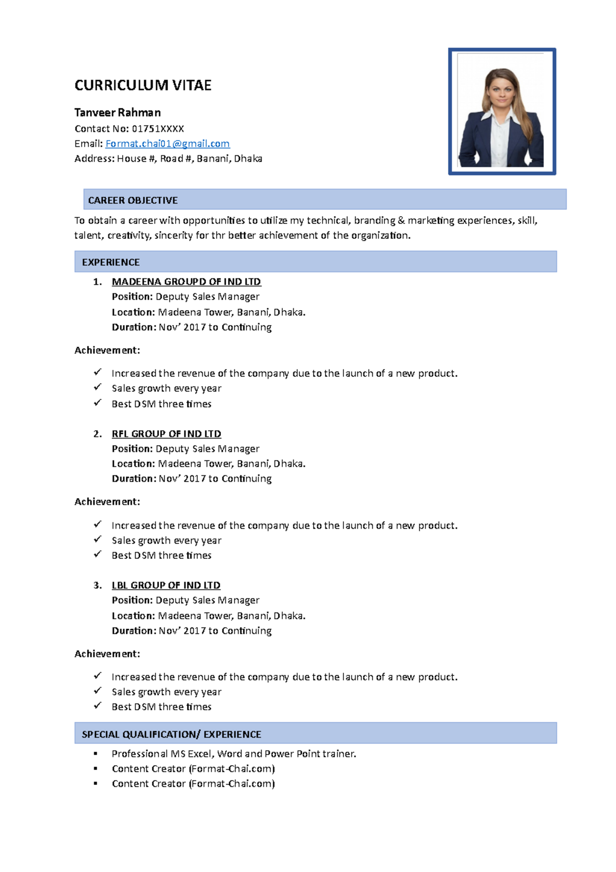 Resume- 010 - CURRICULUM VITAE Tanveer Rahman Contact No: 01751XXXX ...