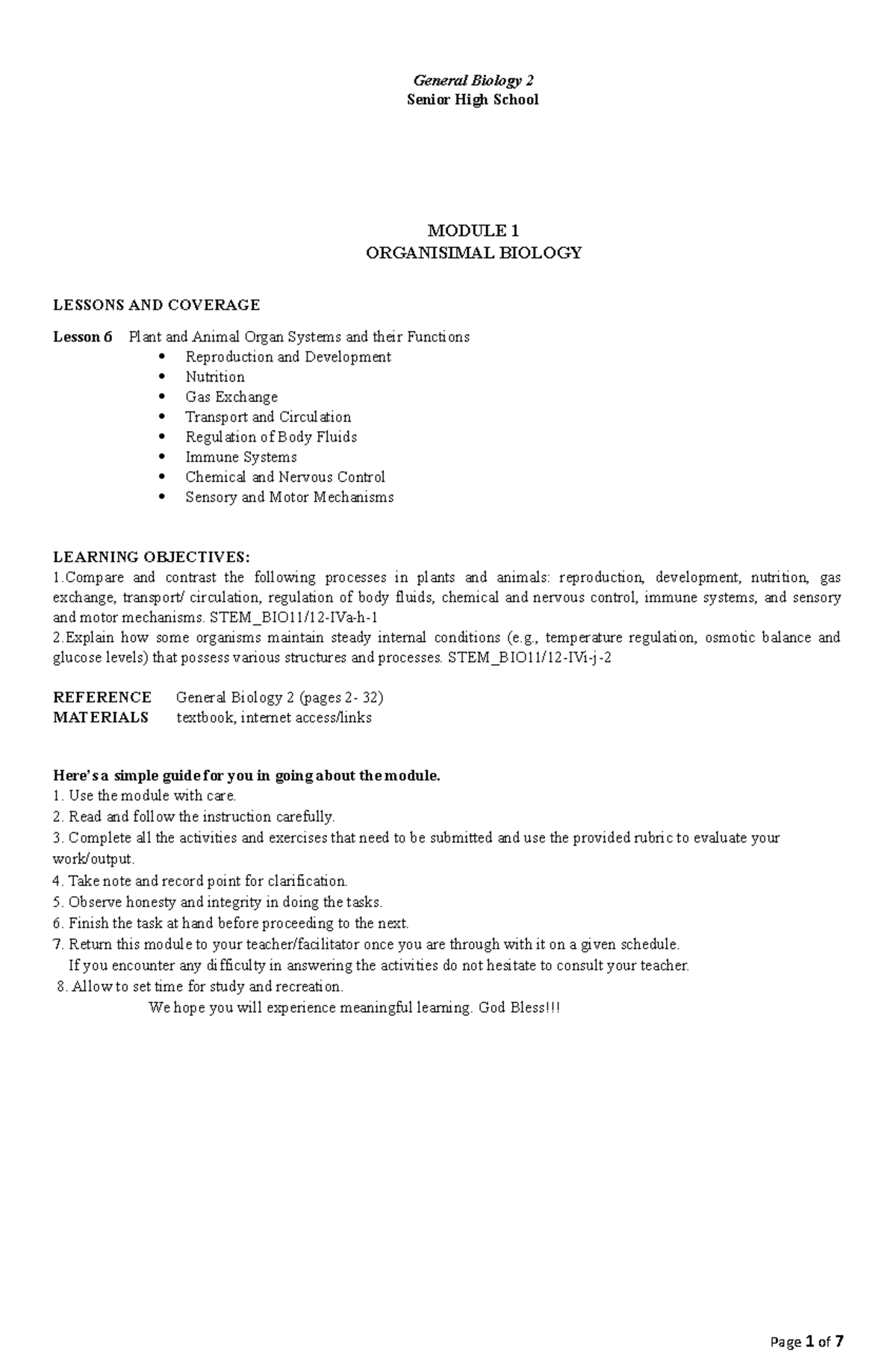 Biology 2 - Q3 - Module - Senior High School MODULE 1 ORGANISIMAL ...