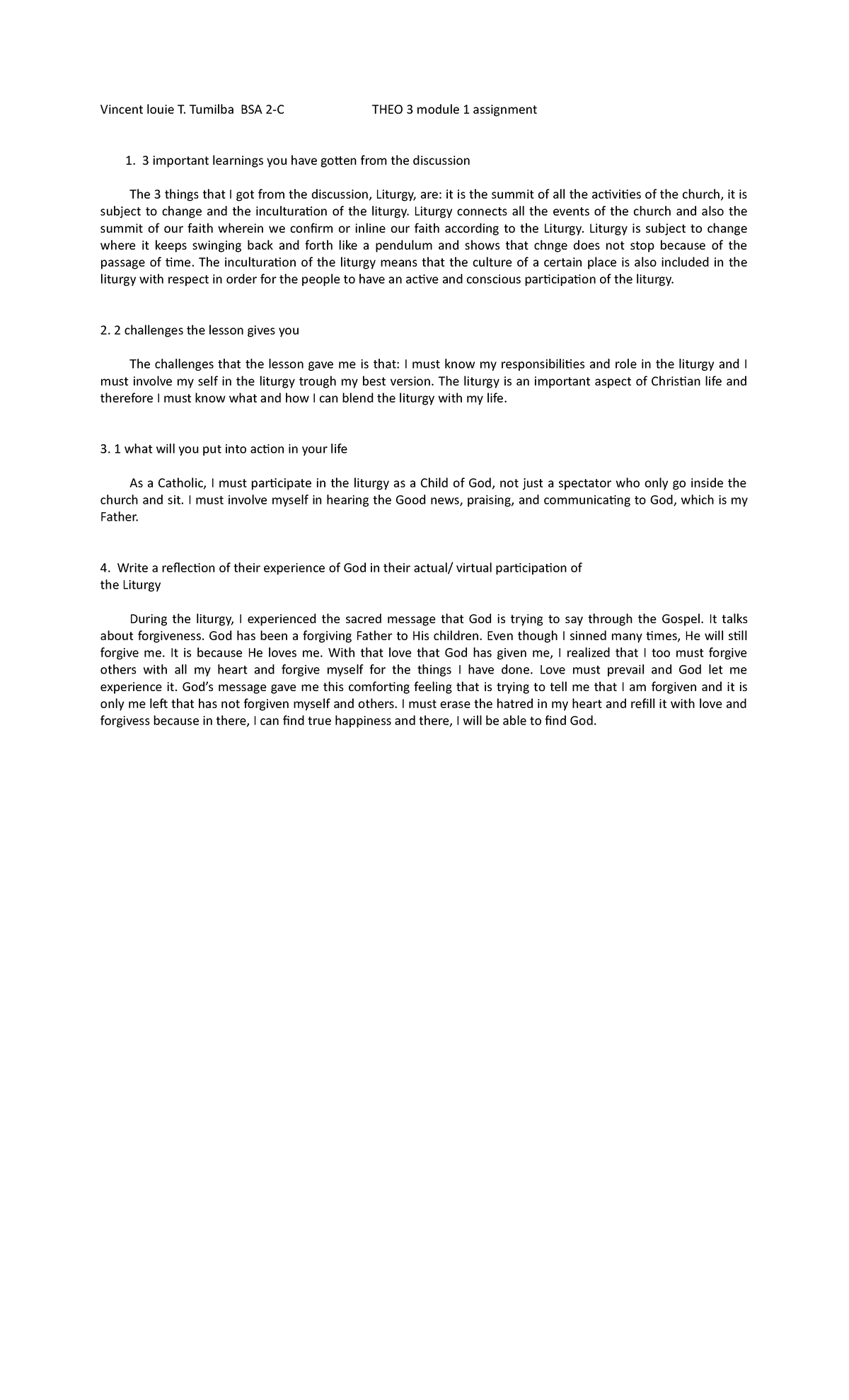 Theo module 1 activity. Important learnings. Reflection - Vincent louie ...