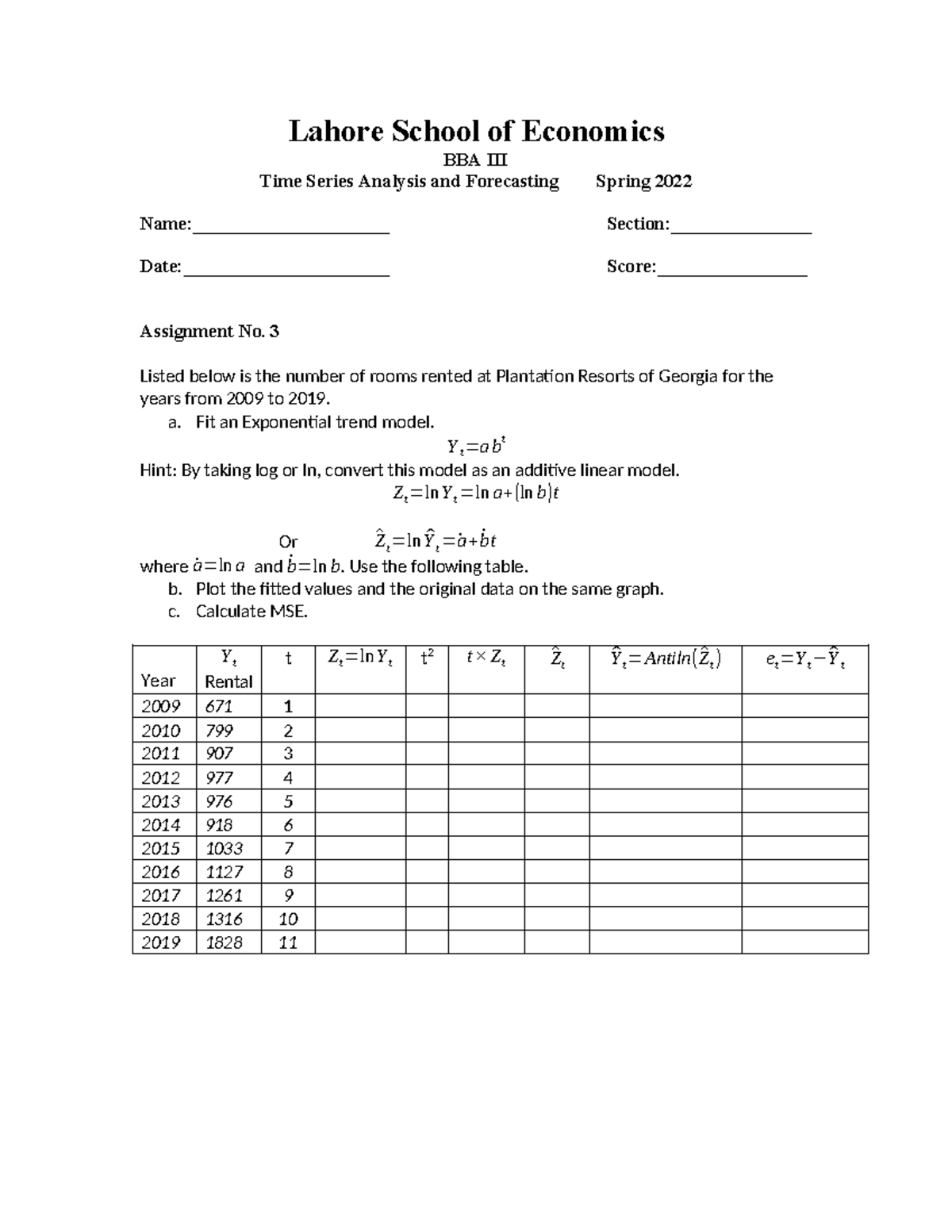 Ass 3 - Assignment 3 - Lahore School of Economics BBA III Time Series ...
