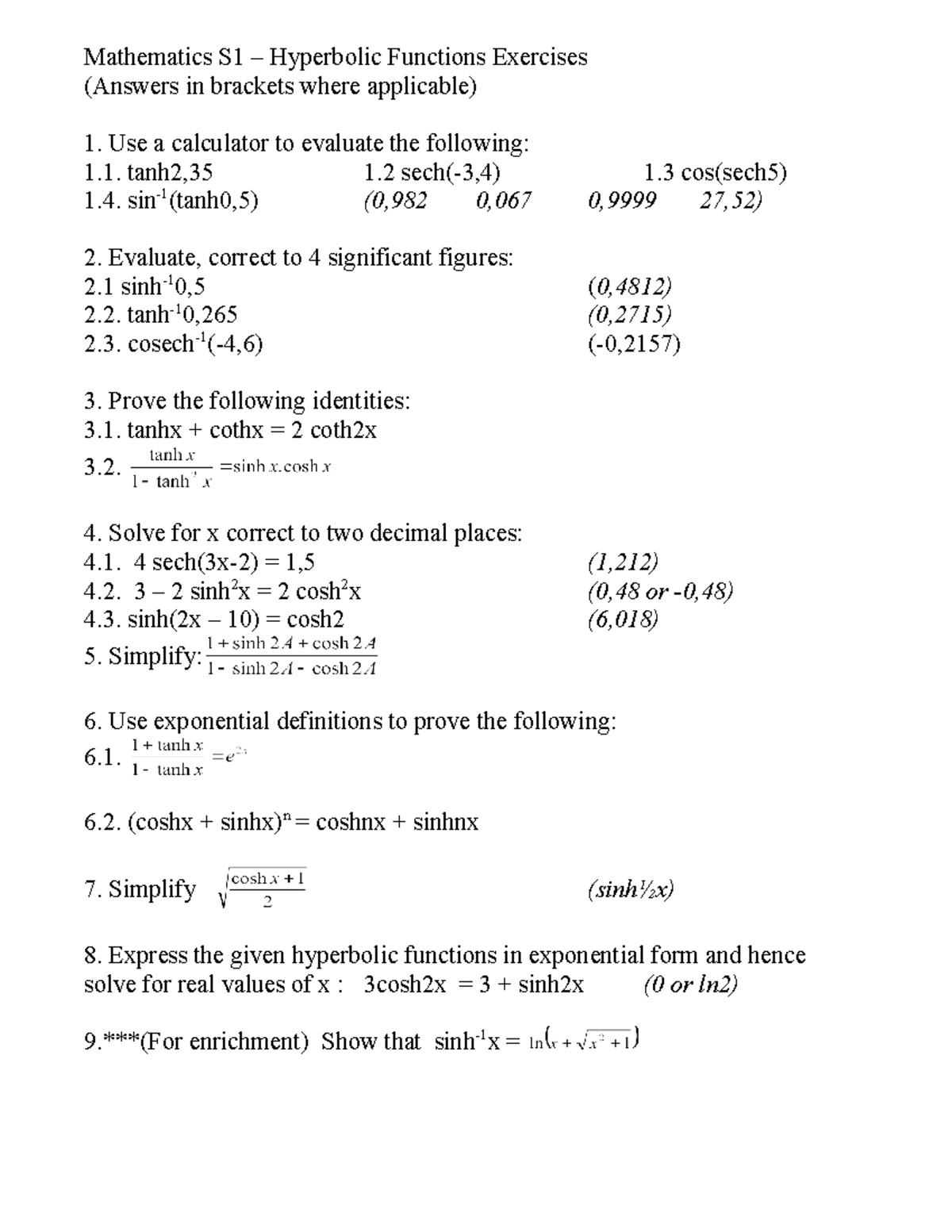 Hyp Functions - Additional exercises - Mathematics S1 – Hyperbolic Functions Exercises (Answers ...