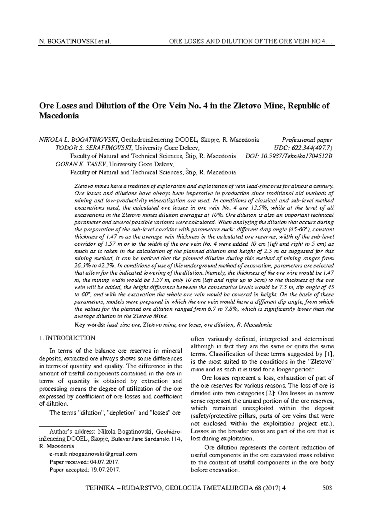 Ore Losses and Dilution of the Ore Vein No. 4 in the Zletovo Mine ...