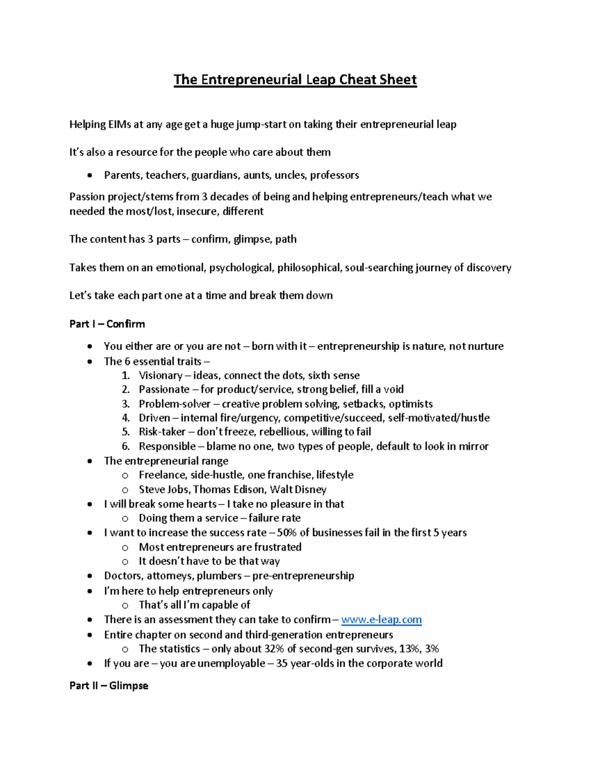 Entrepreneurial Leap Cheat Sheet - The Entrepreneurial Leap Cheat Sheet ...