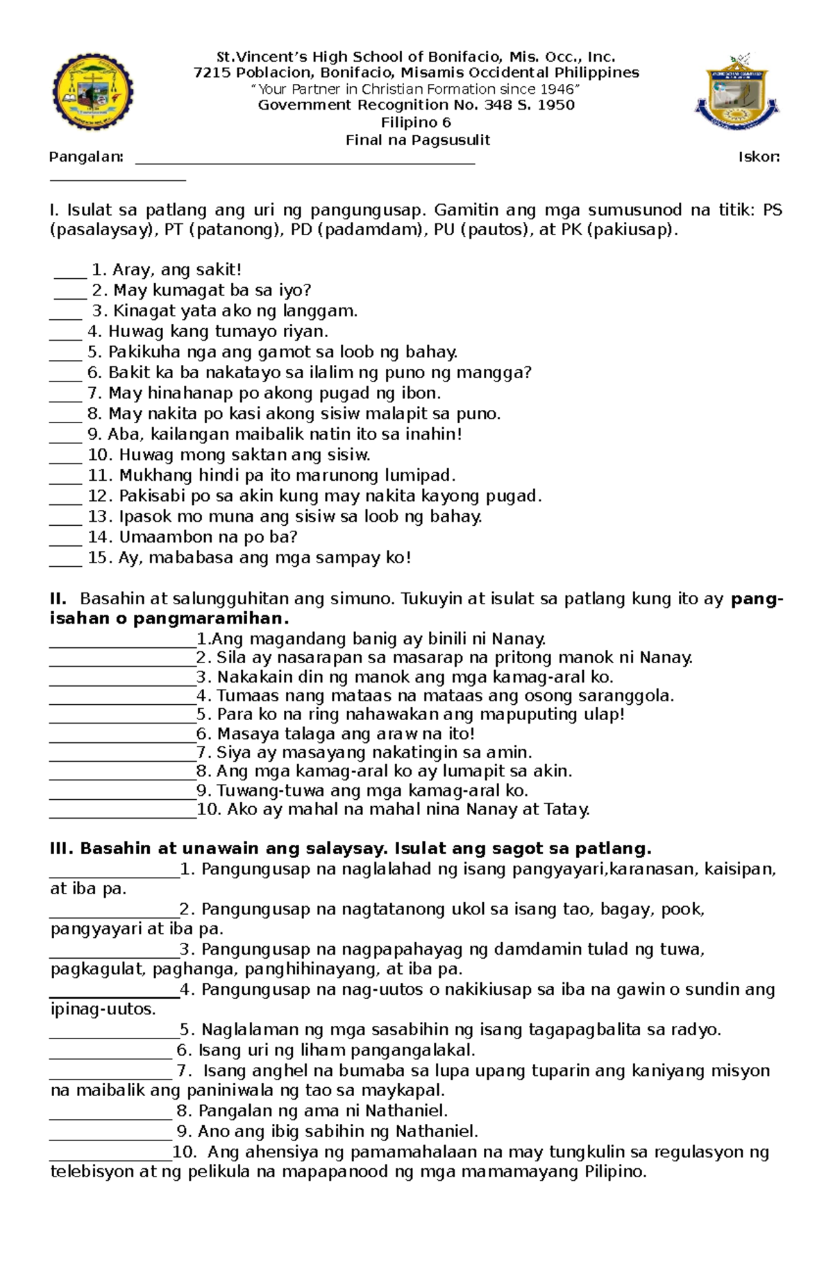 Elementary Semi Final Examination - St’s High School of Bonifacio, Mis ...