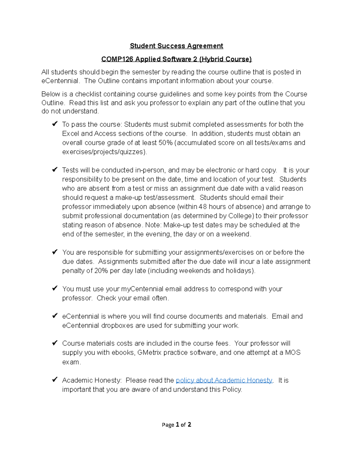 Student Success Agreement COMP 126 (Hybrid Course) - Student Success ...