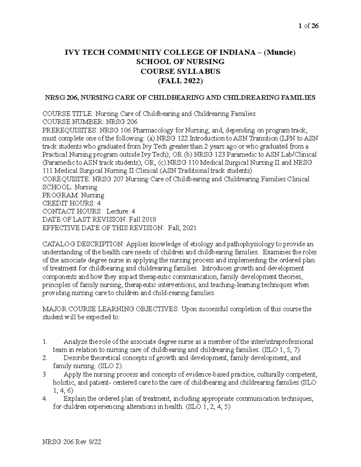 NRSG 206 Fall 2022 Syllabus-2 - IVY TECH COMMUNITY COLLEGE OF INDIANA ...