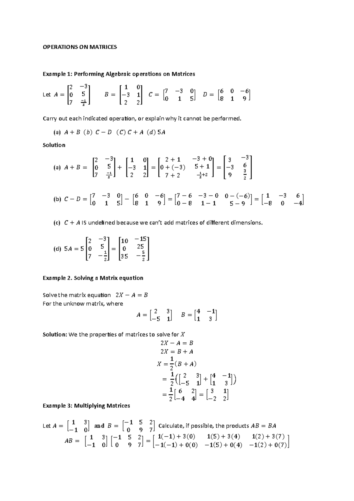 Operation on Matrices Examples - OPERATIONS ON MATRICES Example 1 ...