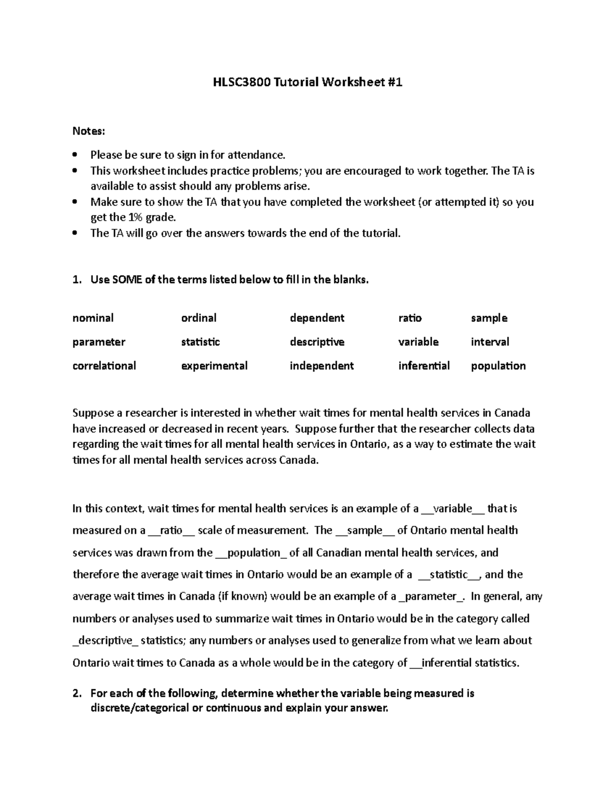 Tutorial work copy with solutions week 1 - HLSC3800 Tutorial Worksheet ...