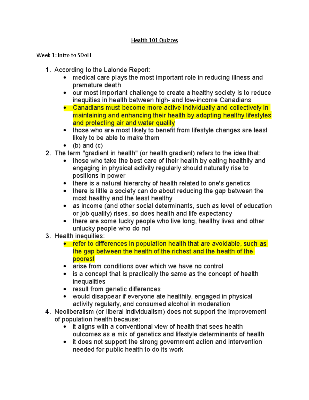 Health 101 Quizzes - Health 101 Quizzes Week 1: Intro to SDoH According ...