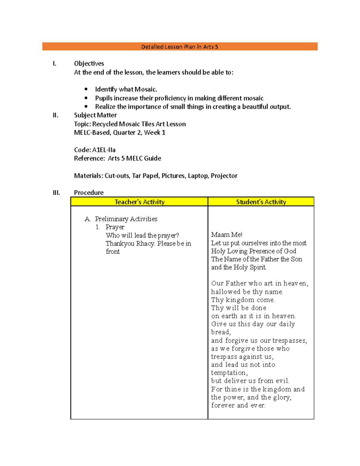 Detailed Lesson Plan In Arts 5 Objectives At The End Of The Lesson 