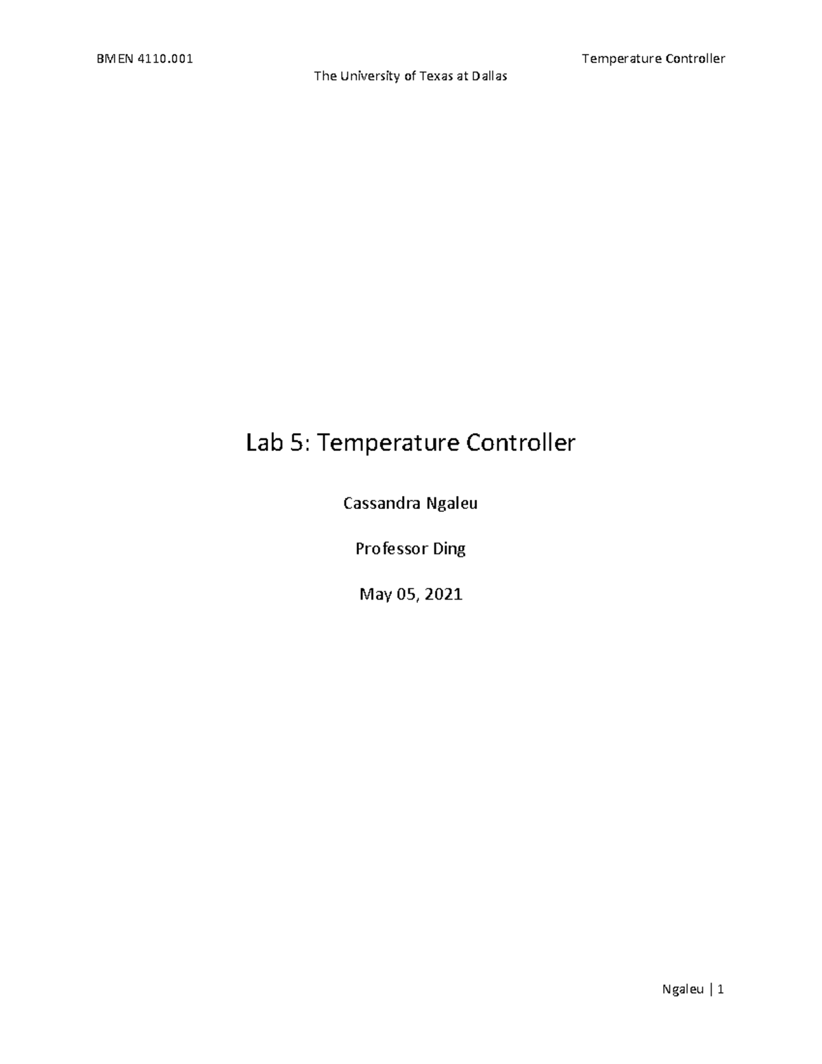 Lab5Post Lab - The University of Texas at Dallas Lab 5: Temperature Controller Cassandra Ngaleu ...