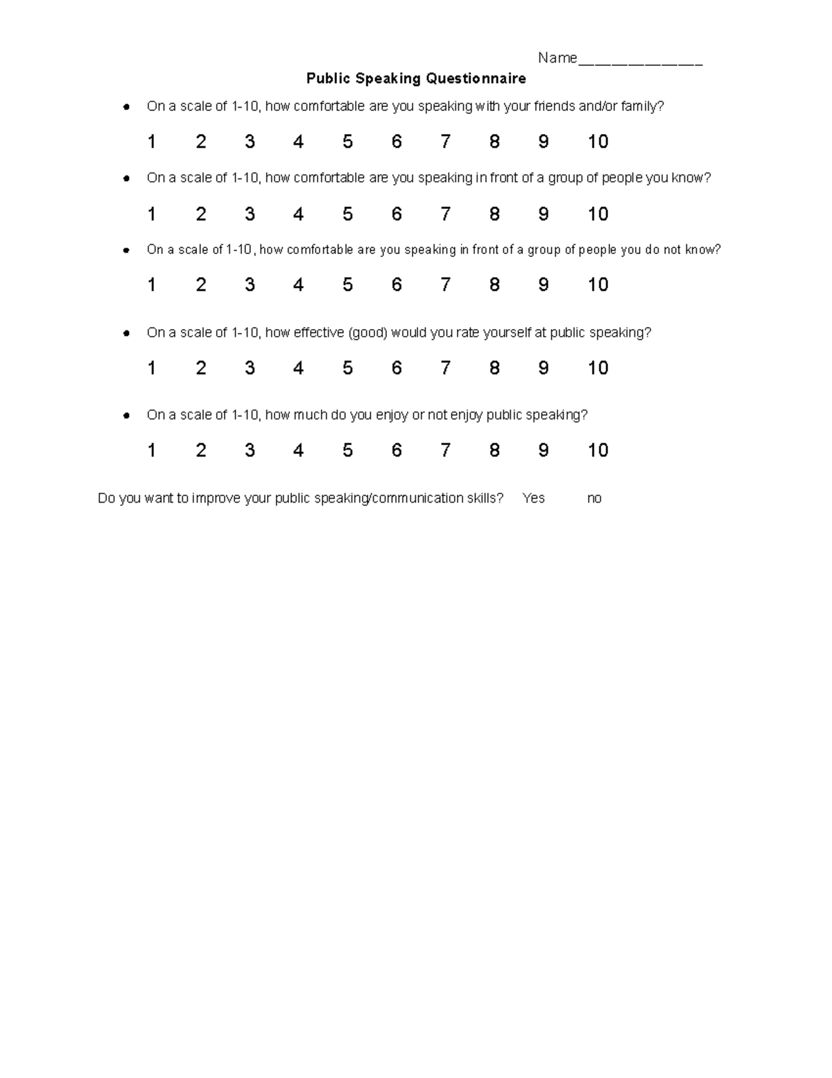 Public speaking questionnaire - Name_______________ Public Speaking ...
