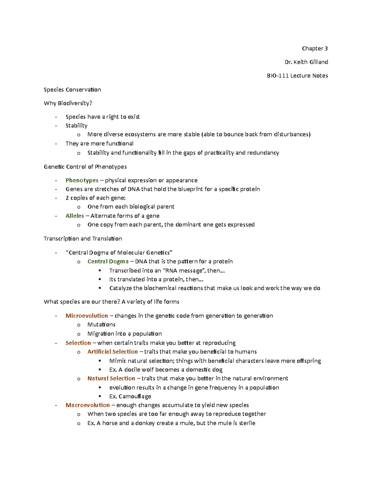 BIO111 - Chapter 3 - Chapter 3 Dr. Keith Gilland BIO-111 Lecture Notes ...