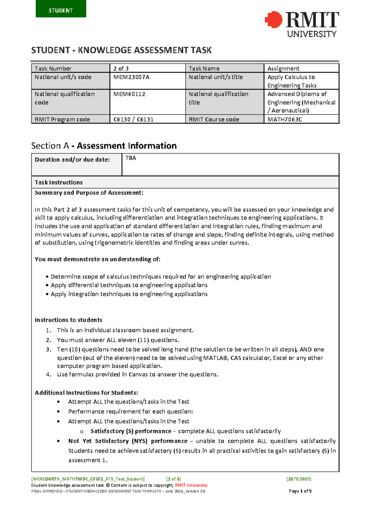 MEM23007 A MATH7063C C6130-1 AT2 Assignment Student - STUDENT STUDENT KNOWLEDGE ASSESSMENT TASK ...