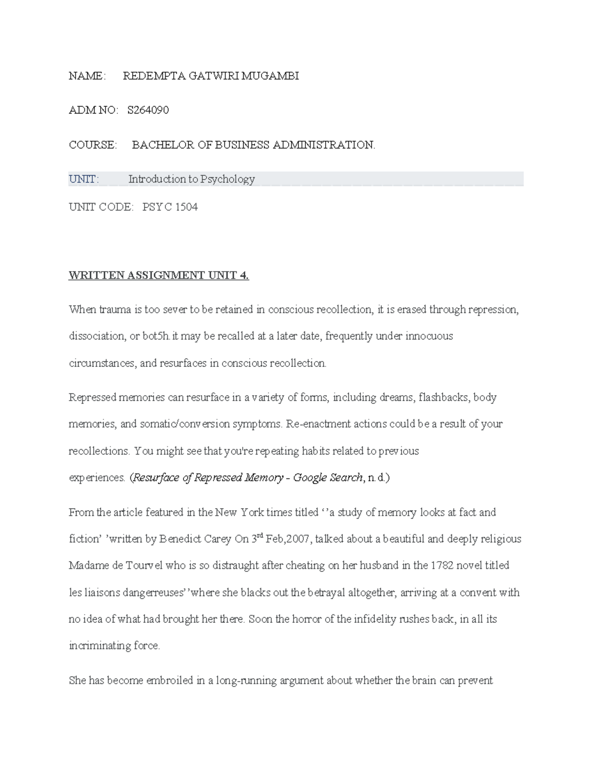 Written assignement unit 4 - NAME: REDEMPTA GATWIRI MUGAMBI ADM NO: S ...