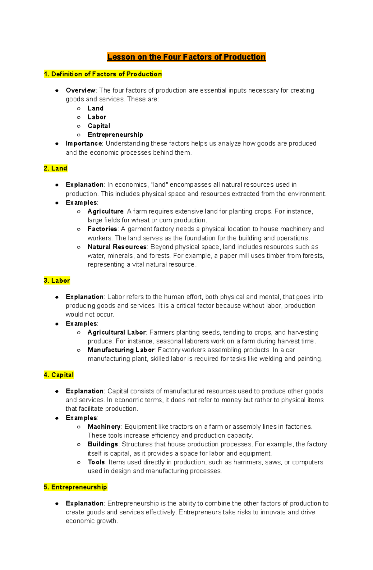Factors of Production - Basic Microeconomics - Lesson on the Four ...