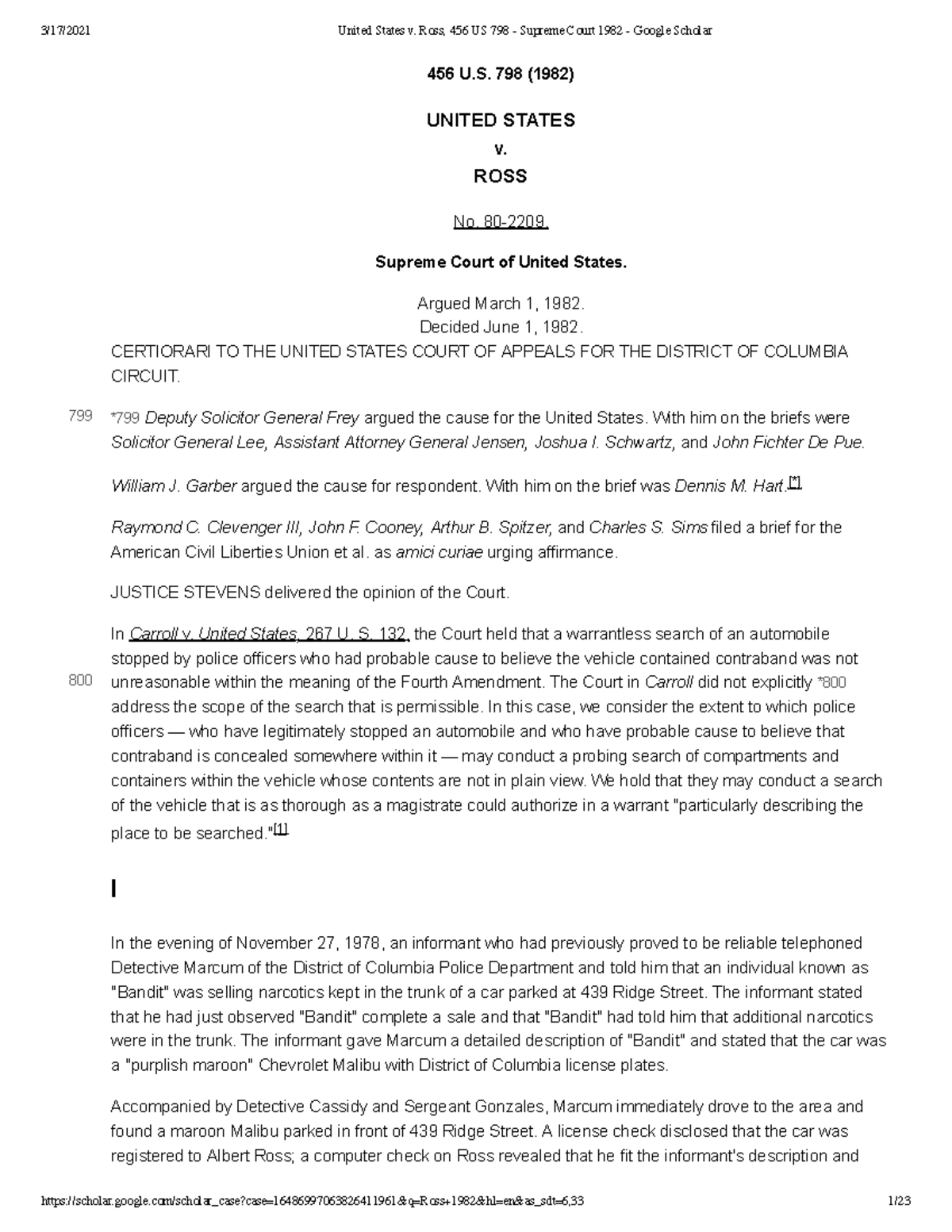 United States Versus Ross - 456 U. 798 (1982) UNITED STATES v. ROSS No ...