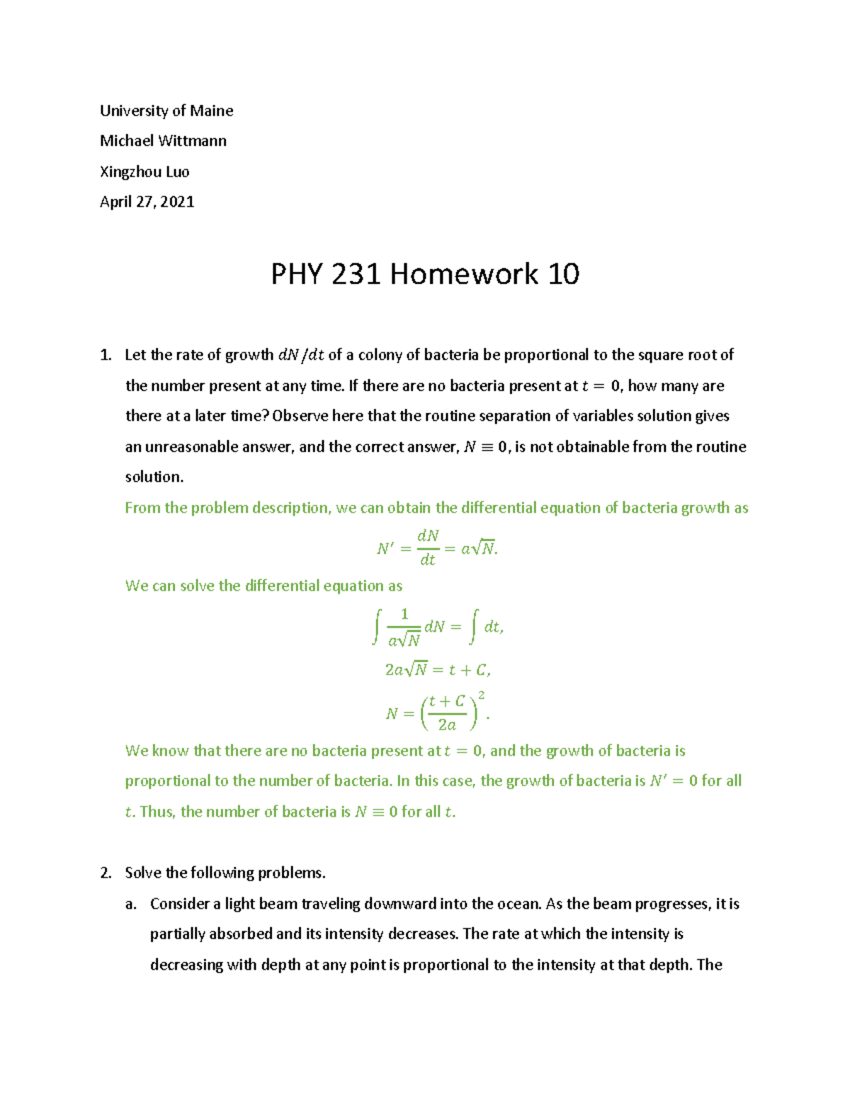 PHY 231 Homework 10 - University of Maine Michael Wittmann Xingzhou Luo ...