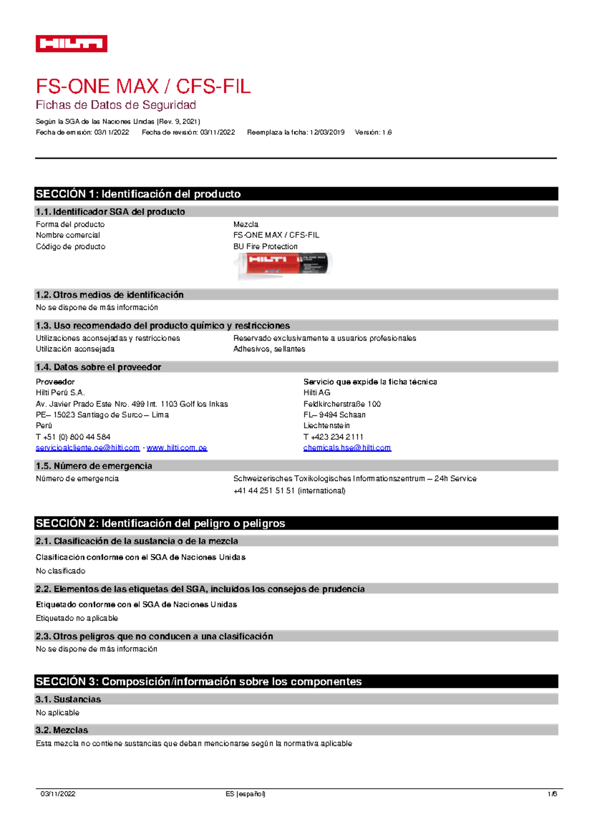 FDS- FS-ONE MAX Hilti - ficha de seguridad - Fichas de Datos de ...