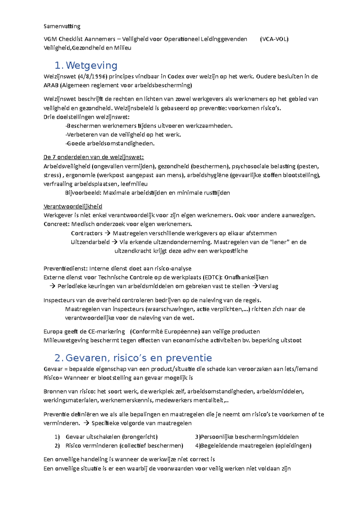 Samenvatting VOL-VCA attest - VGM Checklist Aannemers – Veiligheid voor ...