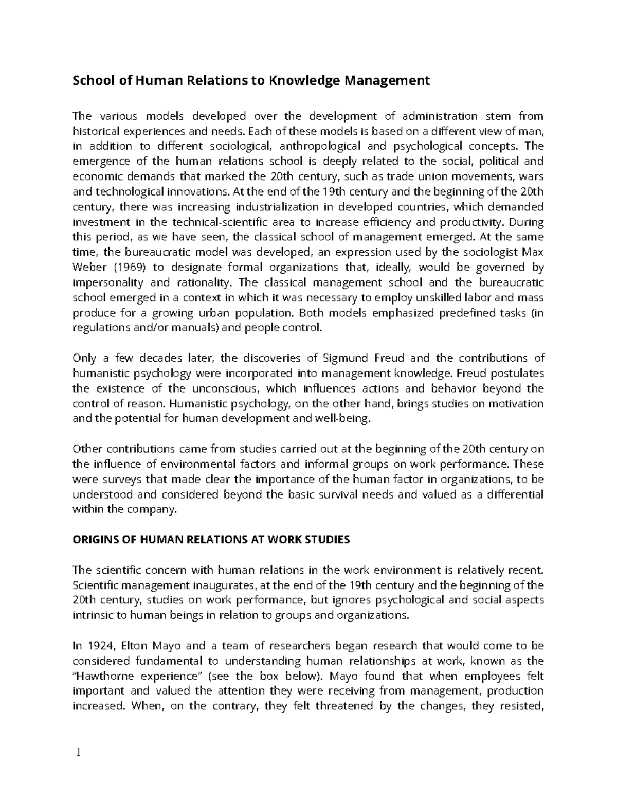 Management models. - School of Human Relations to Knowledge Management The various models ...