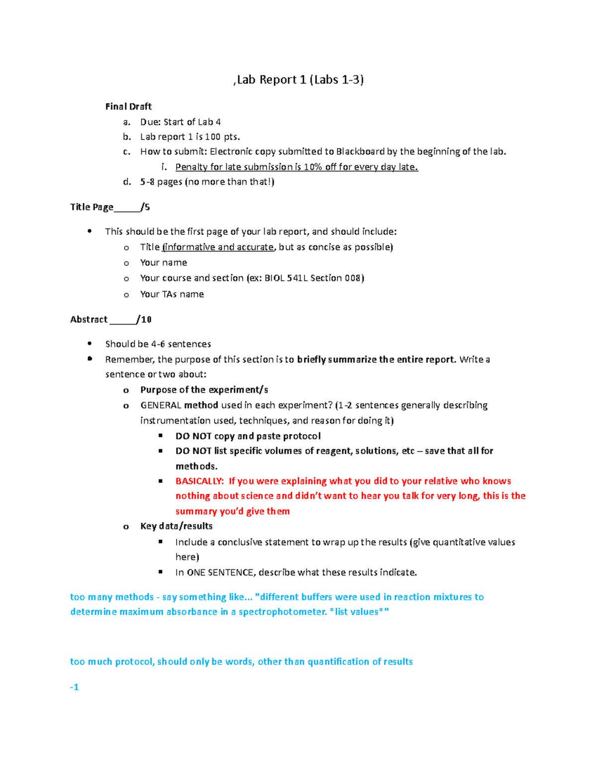 Lab Report 1 Rubric - general - ,Lab Report 1 (Labs 1-3) Final Draft a. Due: Start of Lab 4 b ...
