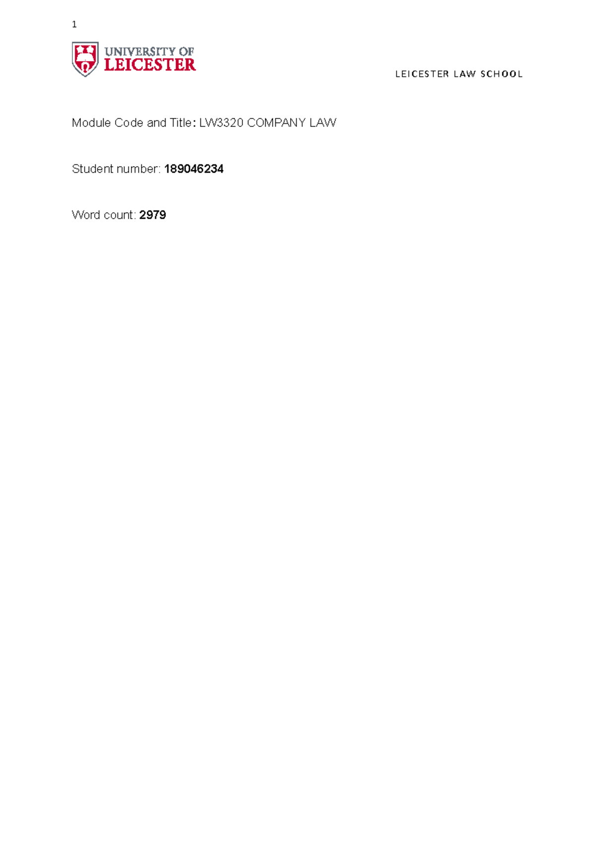 Company law final - LEICESTER LAW SCHOOL Module Code and Title: LW3320 ...