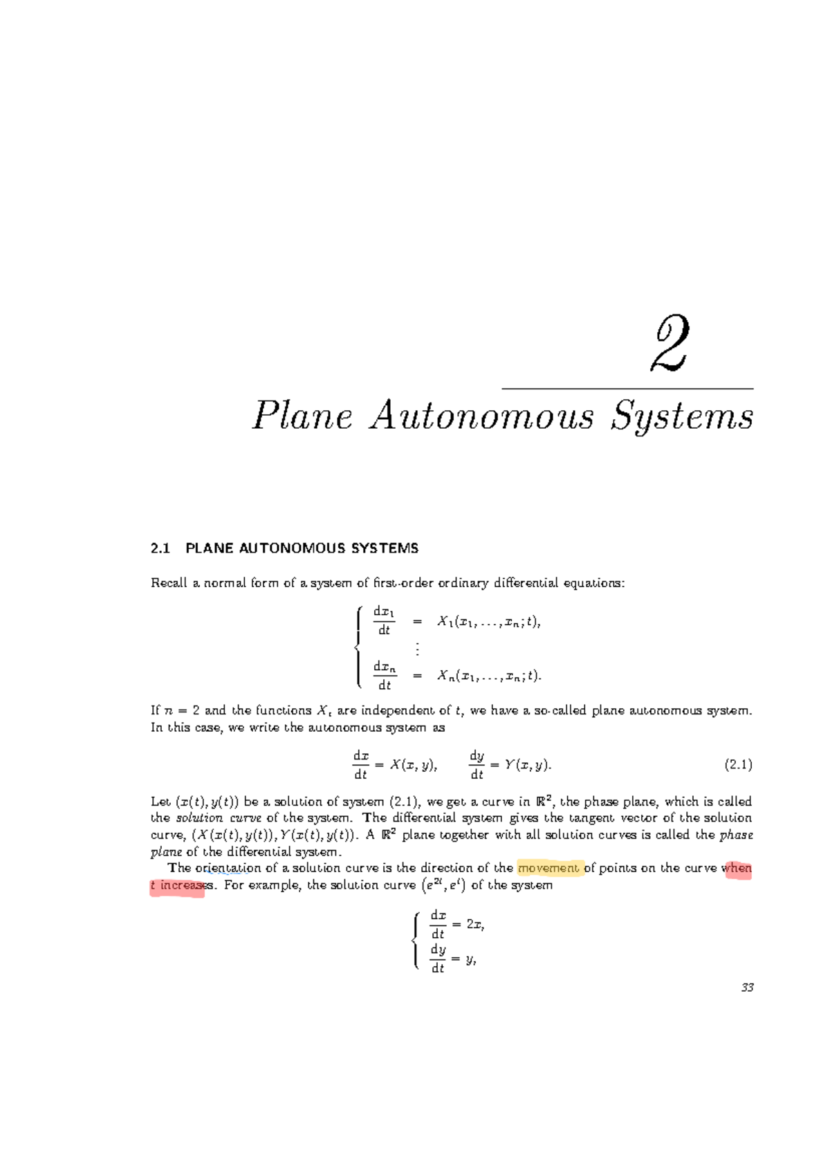 Notes Chapter 2 Stability Theory - 2 Plane Autonomous Systems 2 PLANE ...