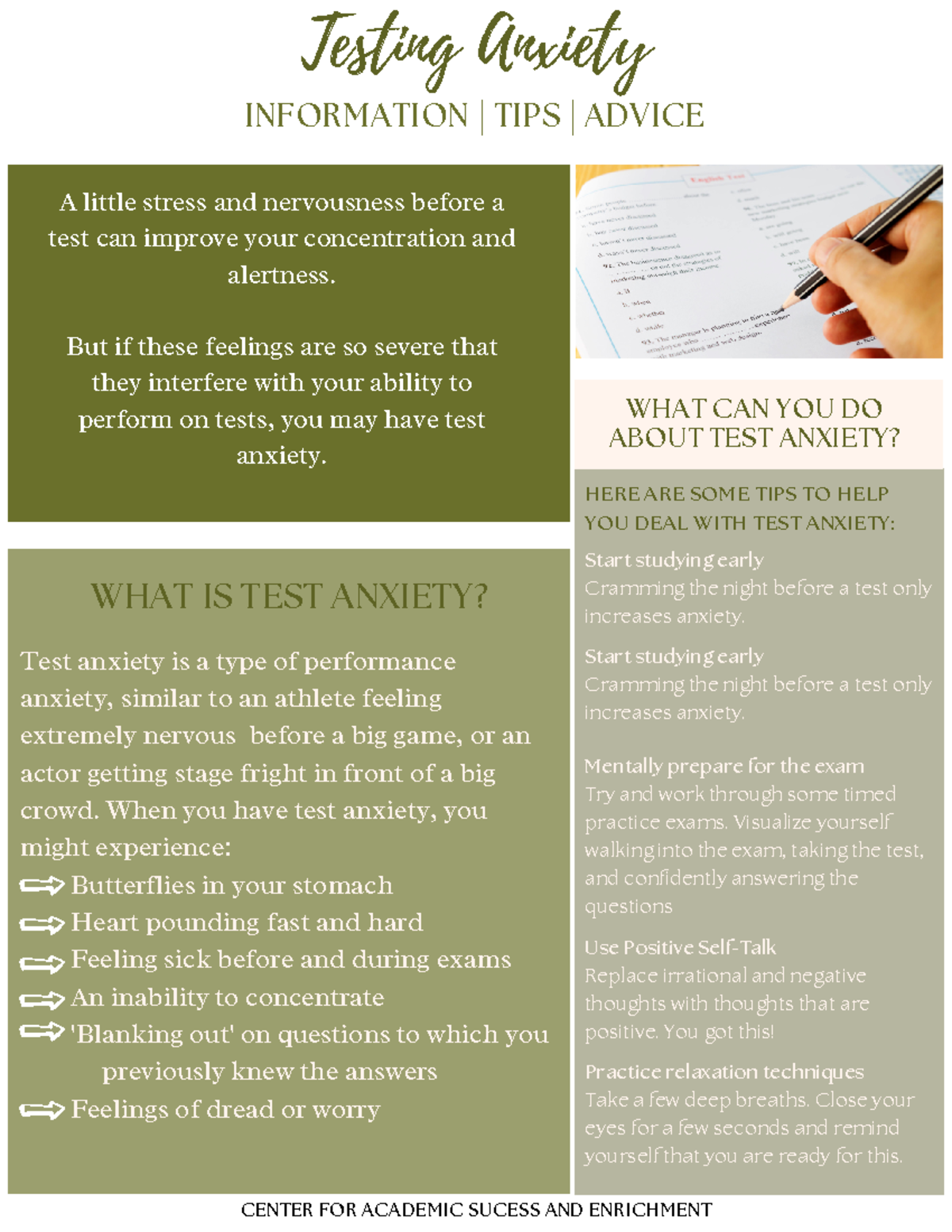Testing Anxiety Handout - Testing Anxiety INFORMATION | TIPS | ADVICE ...