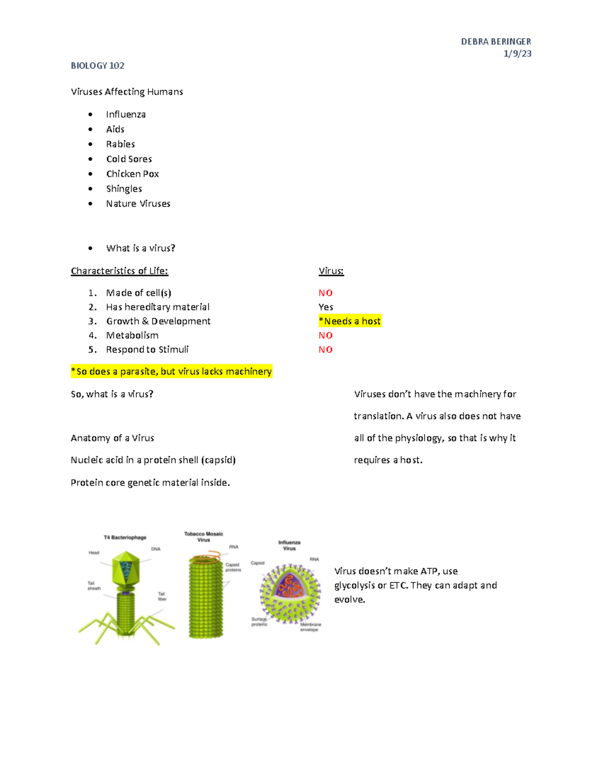 Bio 102 Jan 9th Notes - 1/9/ BIOLOGY 102 Viruses Affecting Humans ...
