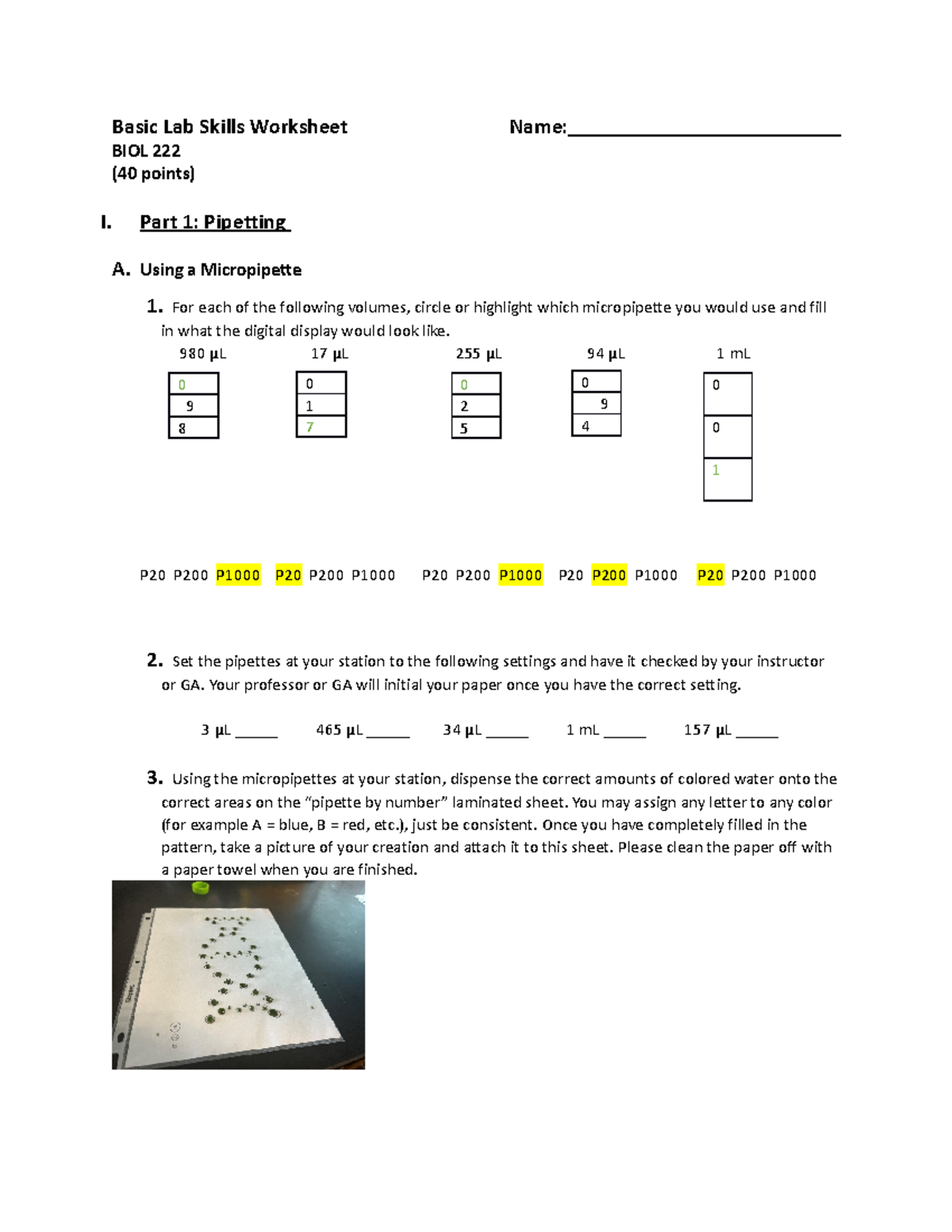 Basic Lab Skills Worksheet(1) - Part 1: Pipetting A. Using a ...