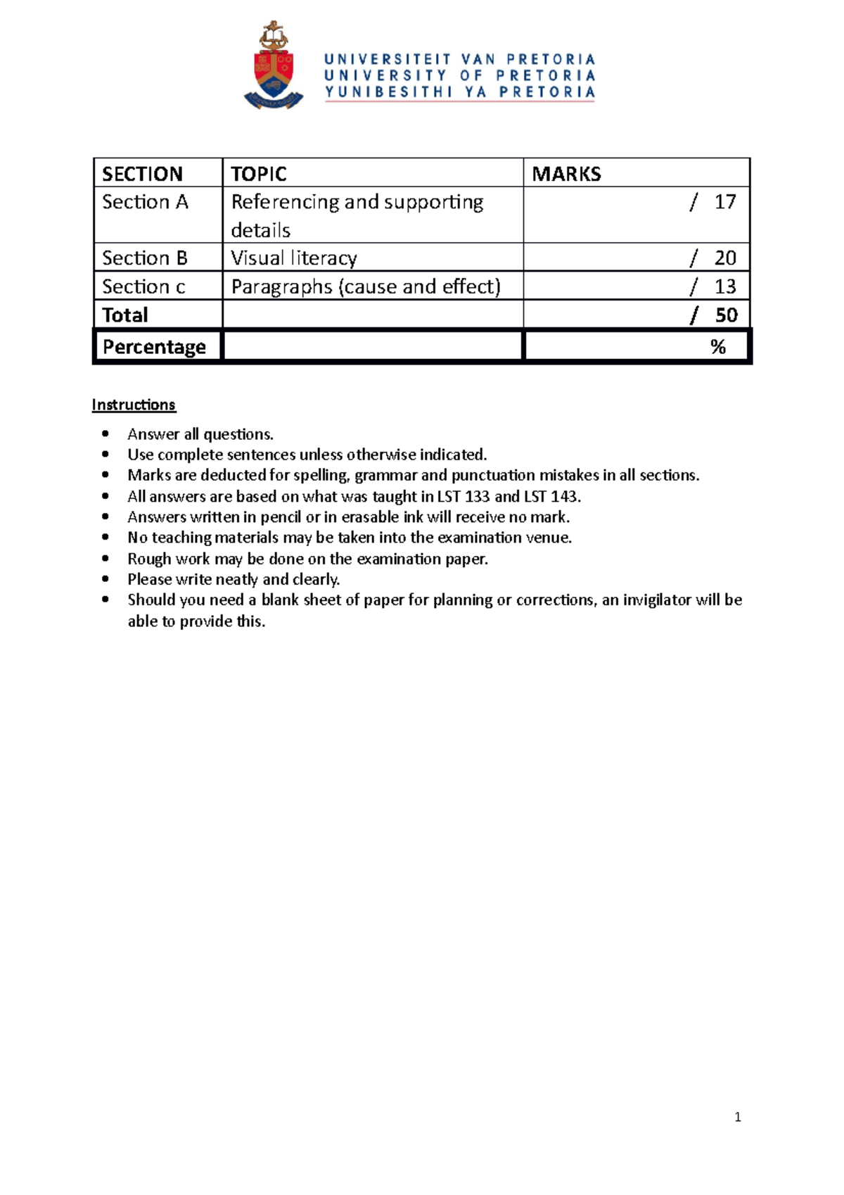 LST 143 Examination Prep - SECTION TOPIC MARKS Section A Referencing ...