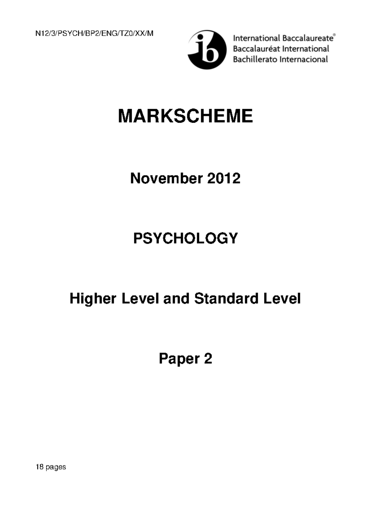 Psychology paper 2 HLSL markscheme - N12/3/PSYCH/BP2/ENG/TZ0/XX/M 18 ...