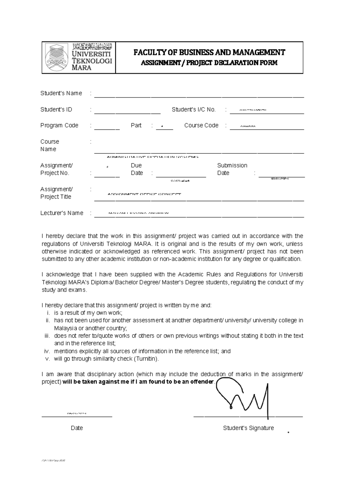 Assignment Project Declaration Form - / SAT FBM Sep 2020 Student’s Name ...