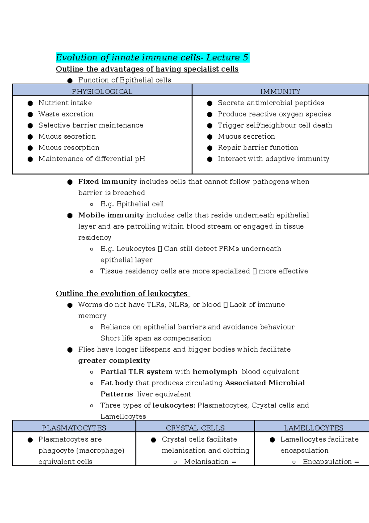 Evolution of innate immune cell1 - Epithelial cell Mobile immunity ...