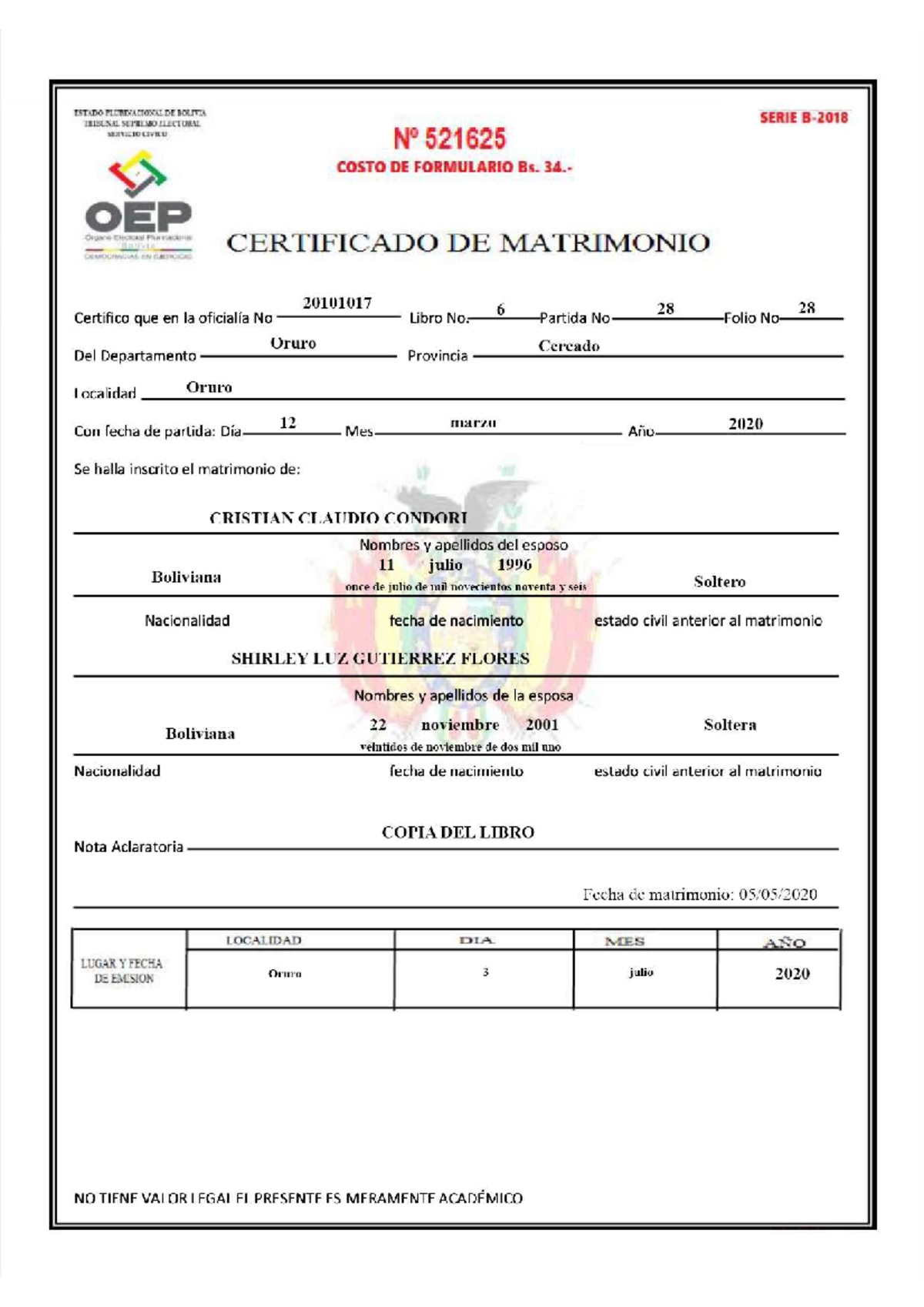 Certificado de Matrimonio - Derecho civil contratos - Studocu