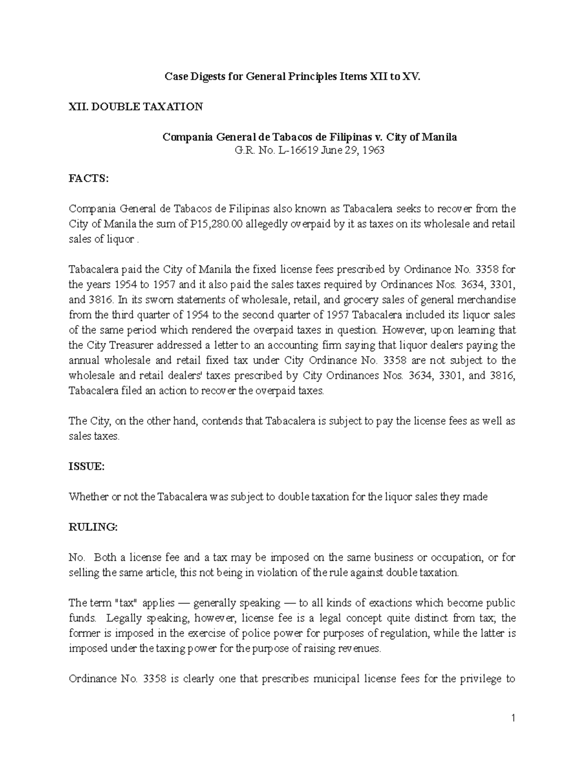 Tax 1 Case Digest - Case Digests for General Principles Items XII to XV ...