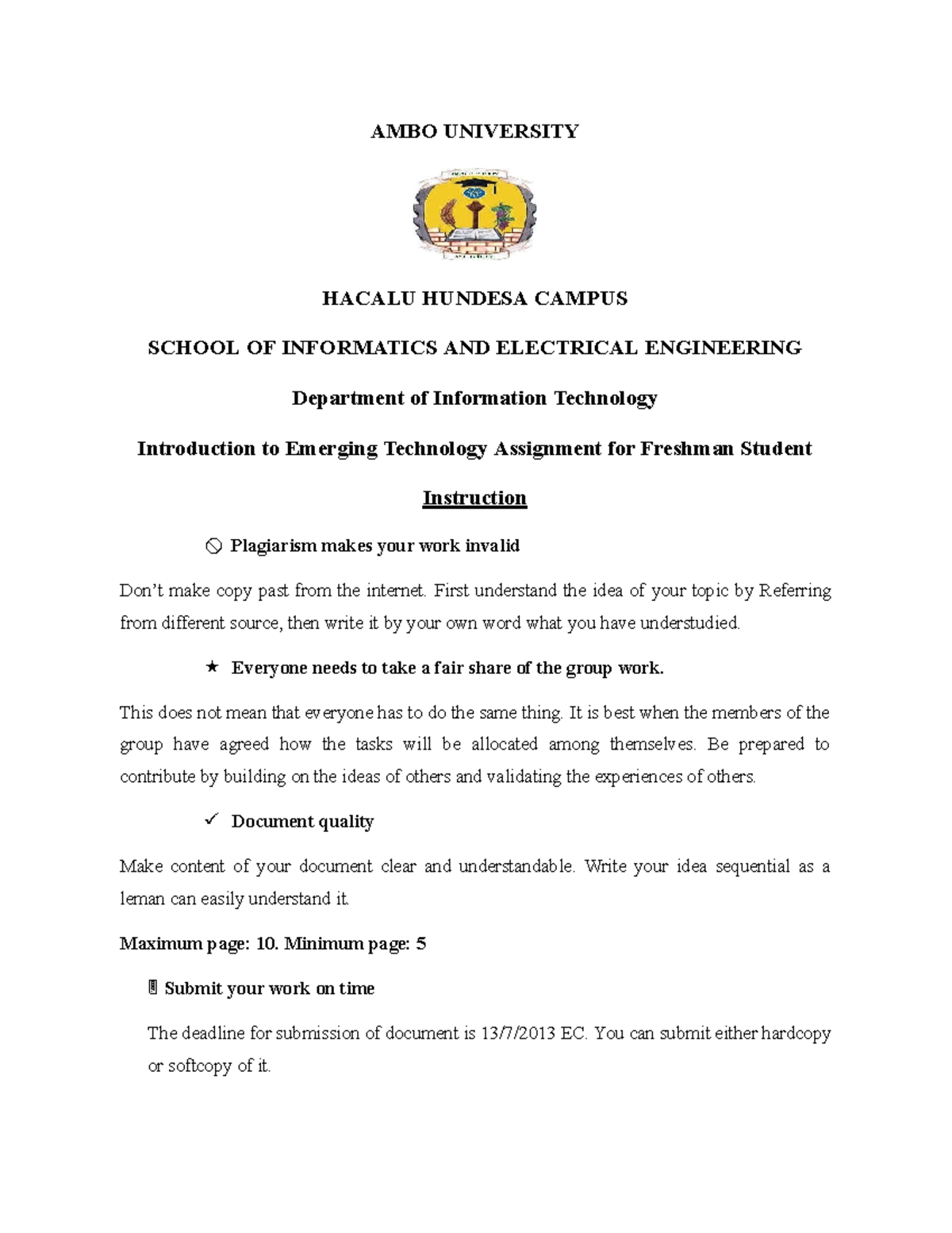 Emerging Assignment - AMBO UNIVERSITY HACALU HUNDESA CAMPUS SCHOOL OF ...