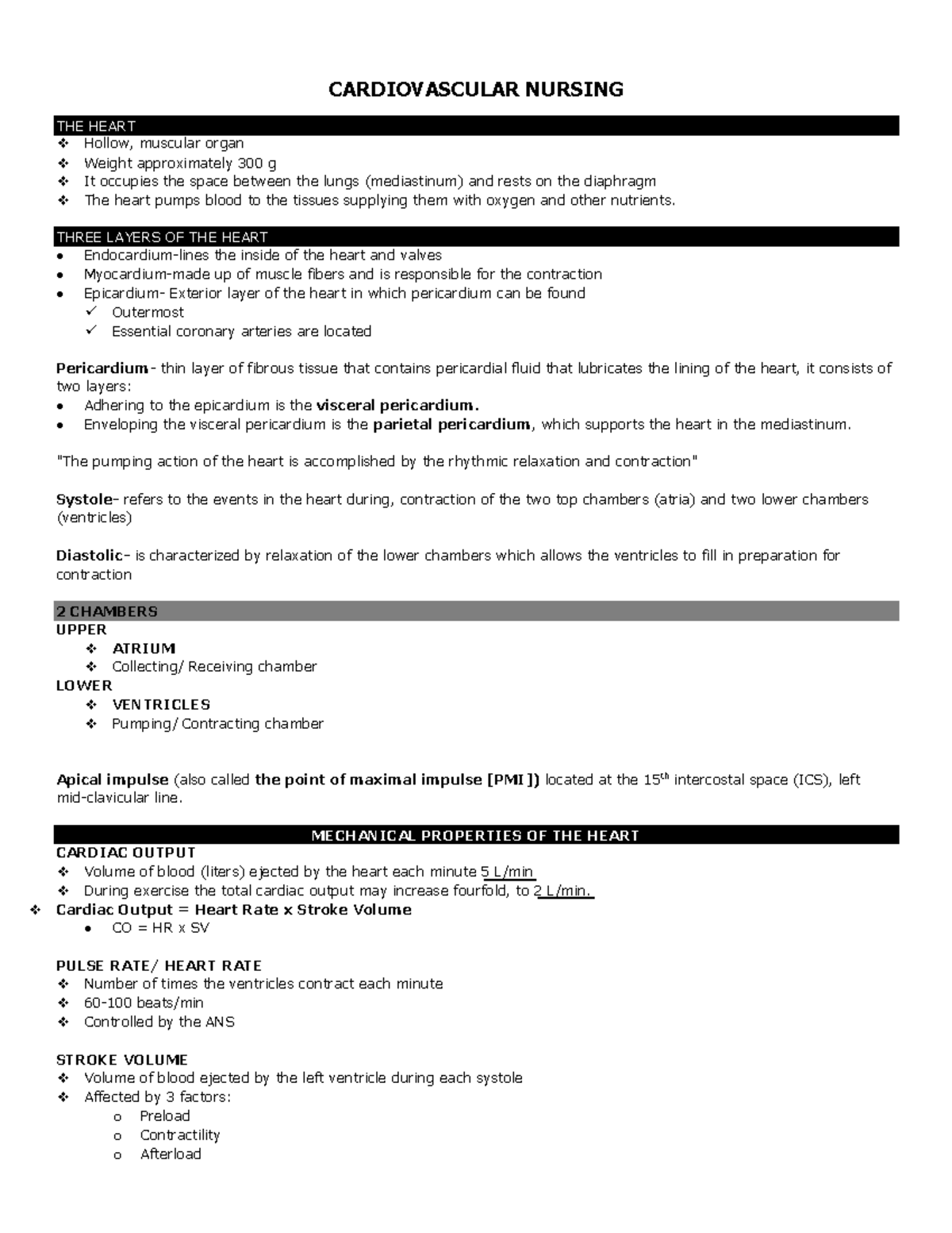 Cardiovascular Nursing - CARDIOVASCULAR NURSING Hollow, muscular organ ...