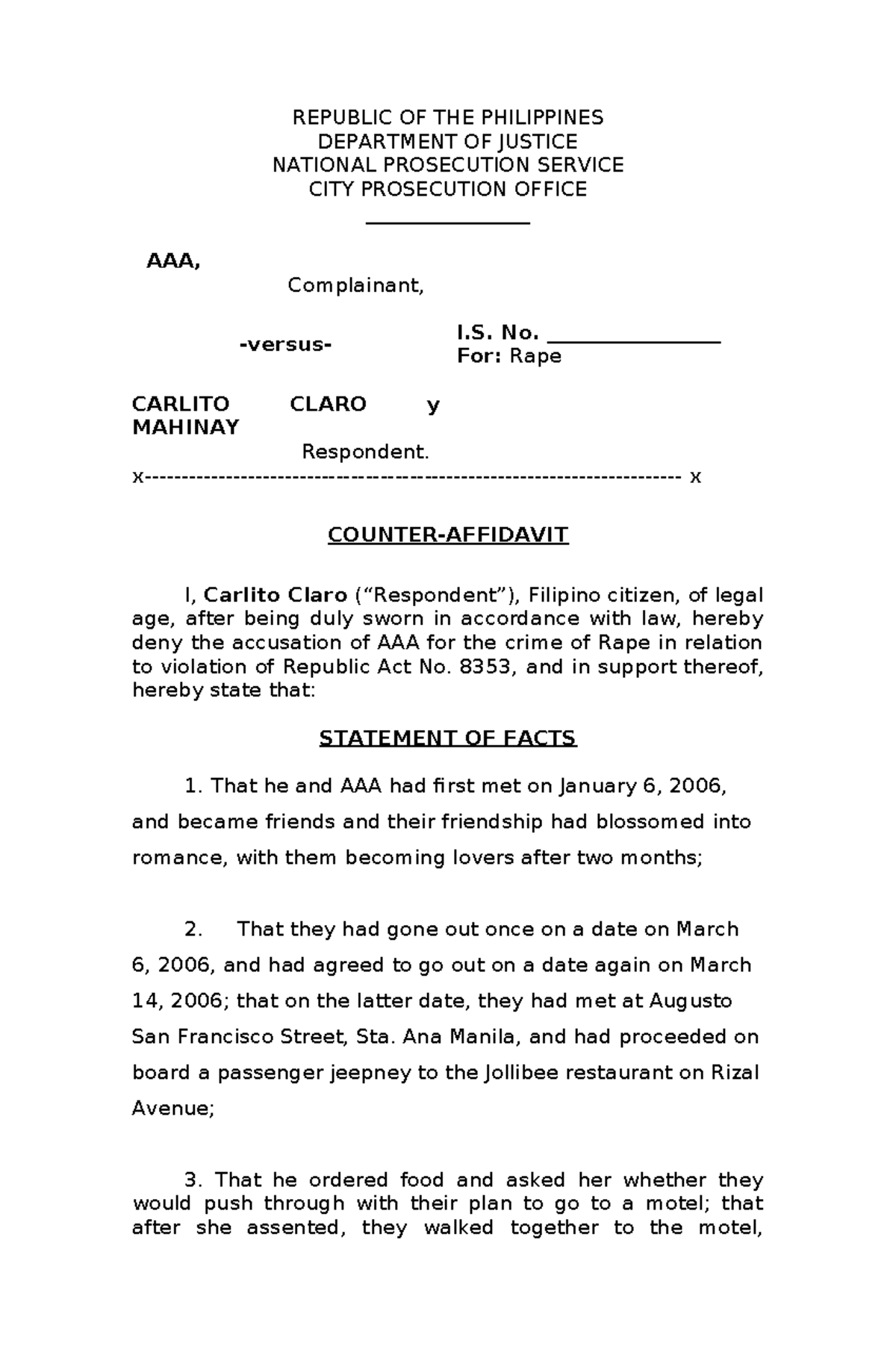 Sample Counter-Affidavit - REPUBLIC OF THE PHILIPPINES DEPARTMENT OF ...
