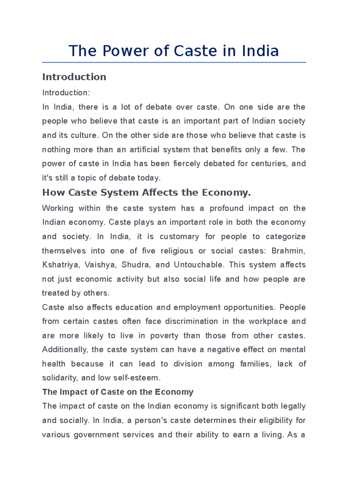 The Power of Caste in India - The Power of Caste in India Introduction ...