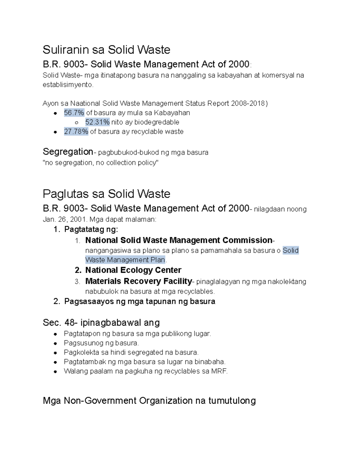 AP 10 Q1 Reviewer - Suliranin sa Solid Waste B. 9003- Solid Waste ...