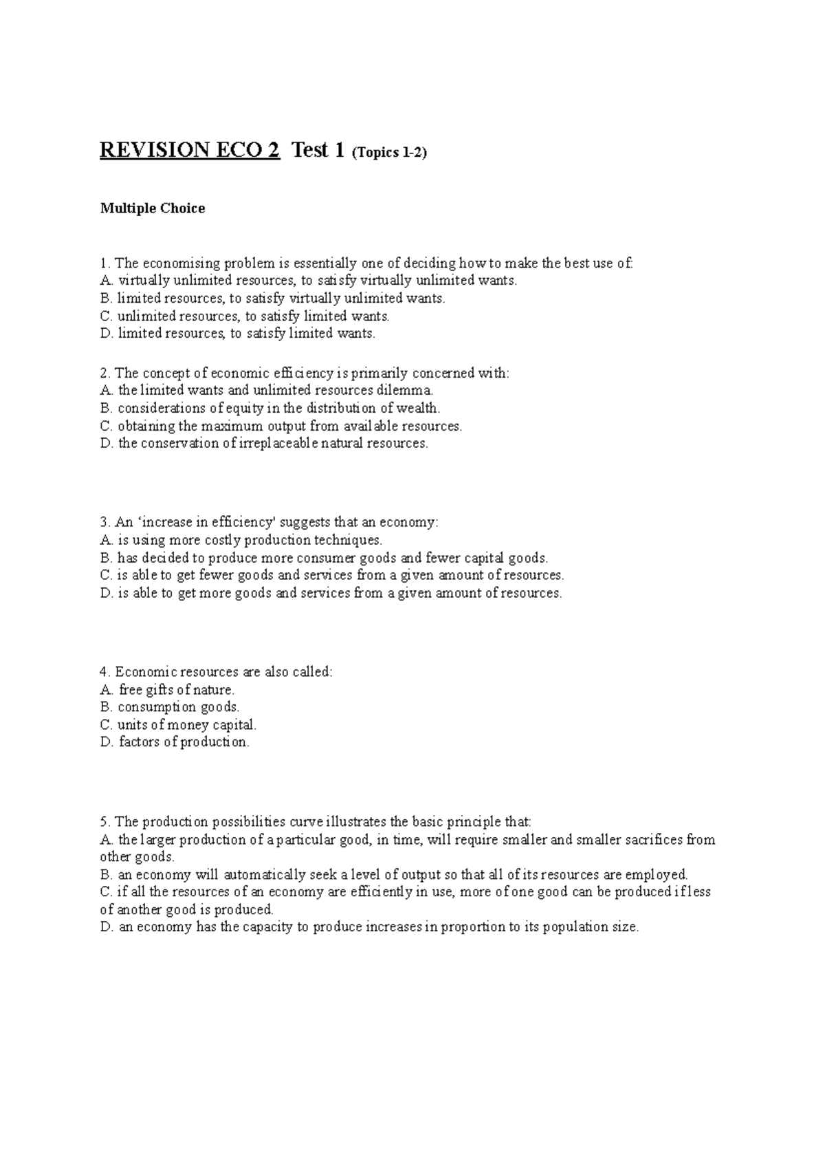 Revision econ2 test one Top 1-2 - REVISION ECO 2 Test 1 (Topics 1-2 ...