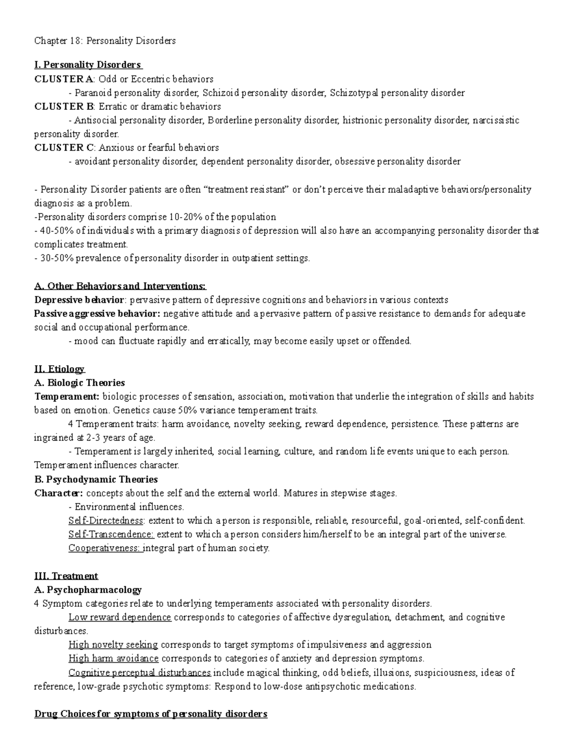 Chapter 18 Personality Disorders - I. Personality Disorders CLUSTER A ...