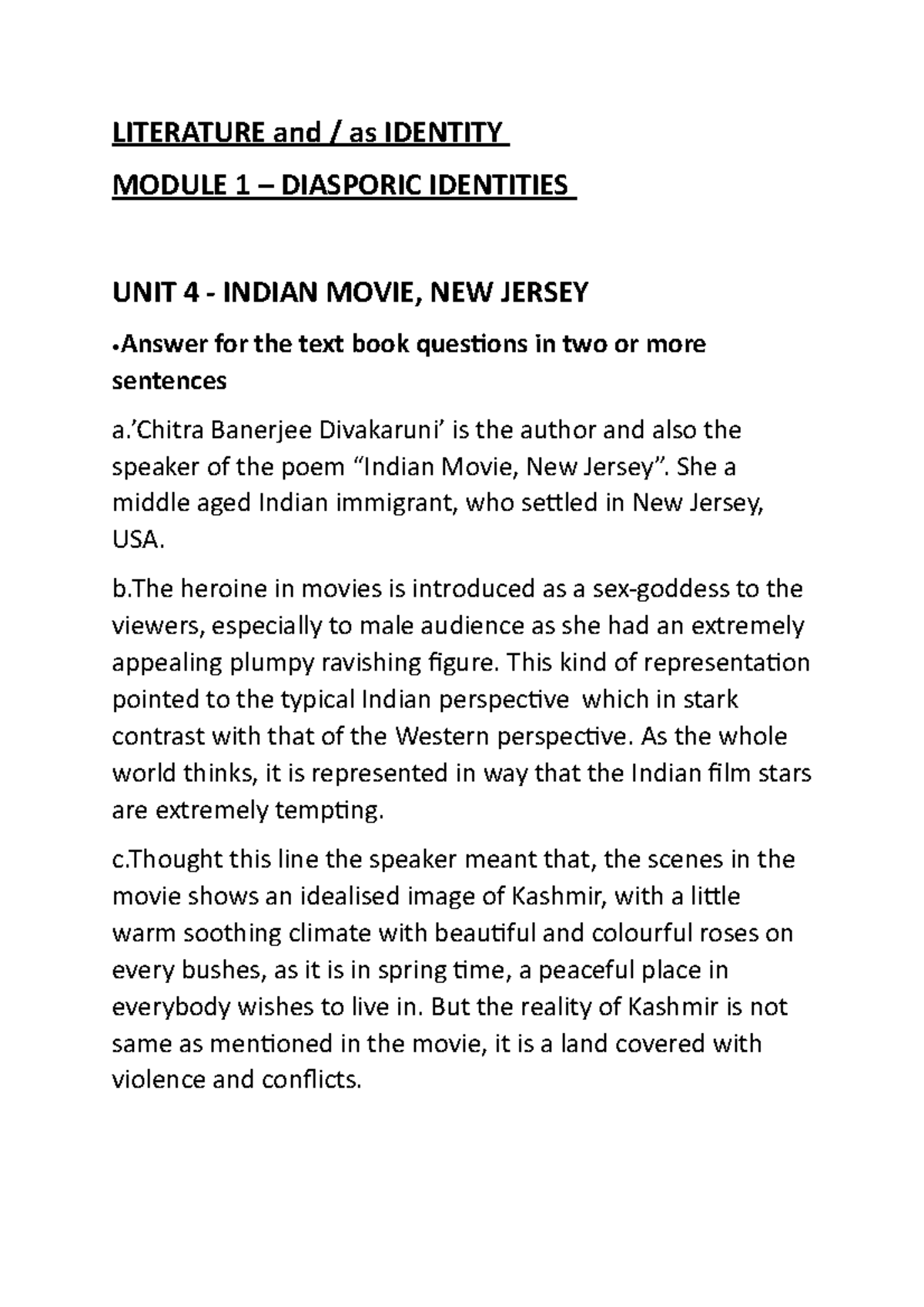 Literature and as Identity - Module 1 - Unit 4 - Q&A, Notes ...