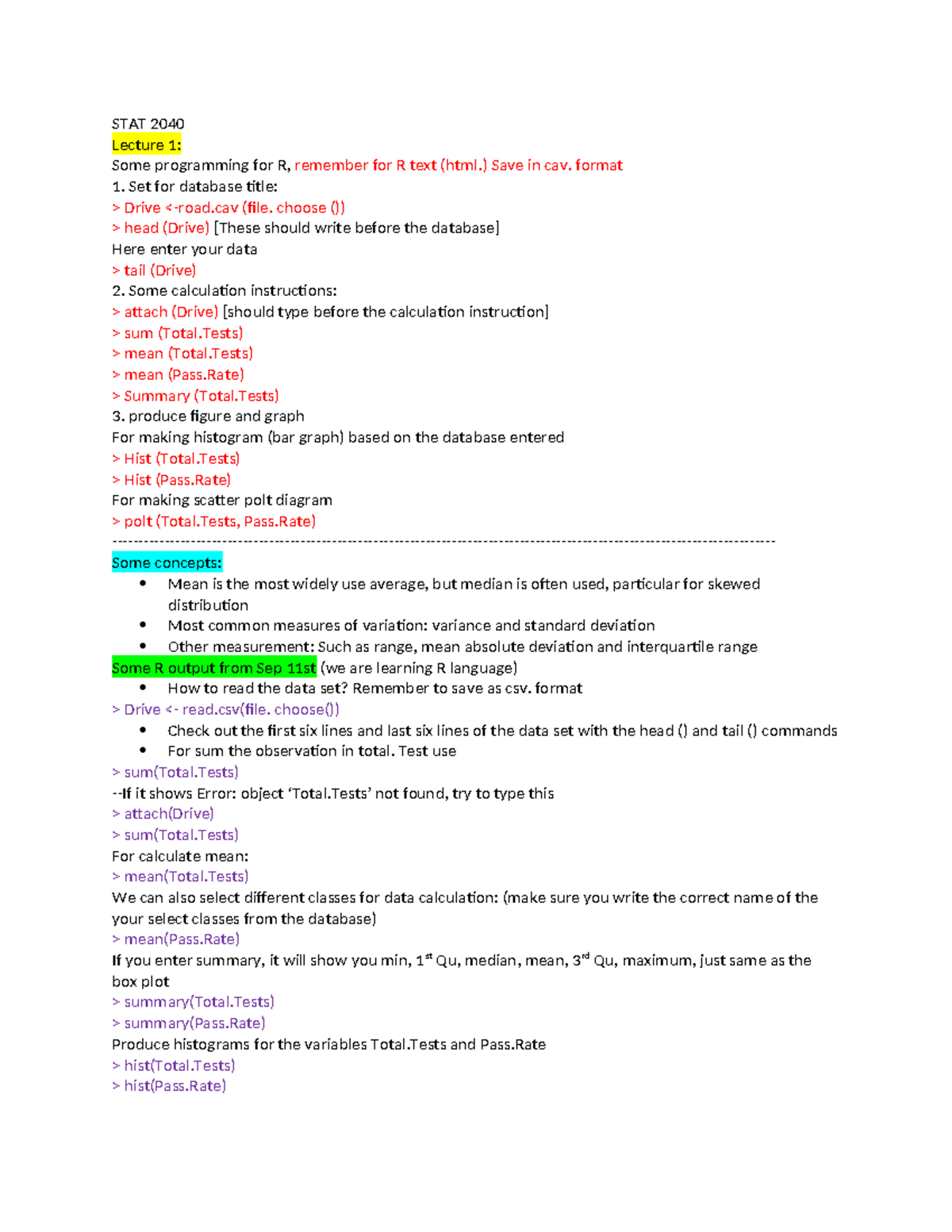 STAT 2040 Lecture class note - STAT 2040 Lecture 1: Some programming ...
