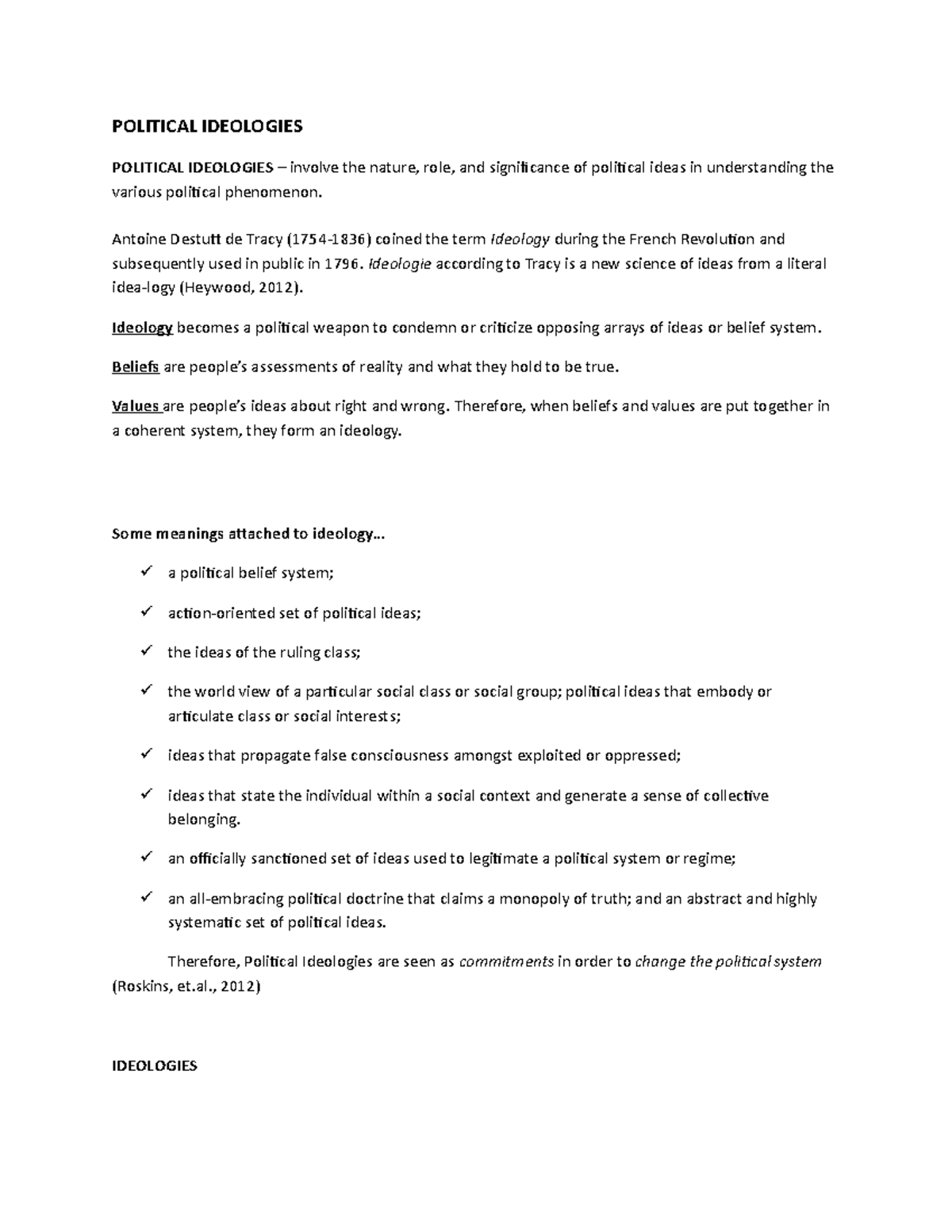 Political Ideologies - Lecture notes 1 - POLITICAL IDEOLOGIES POLITICAL ...