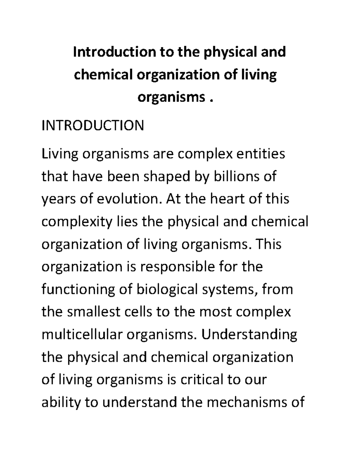 Introduction to the physical and chemical organization of living ...